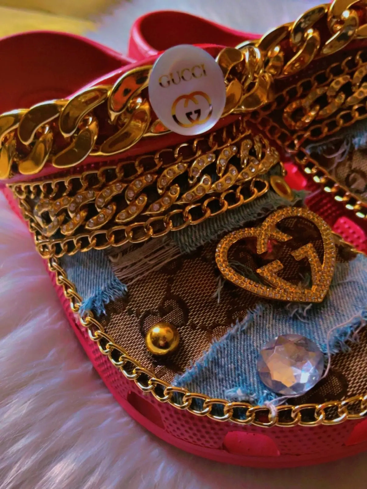 Strawberry Wine GG-Inspired Crocs w/ Denim, Charms & Rhinestones – B ...