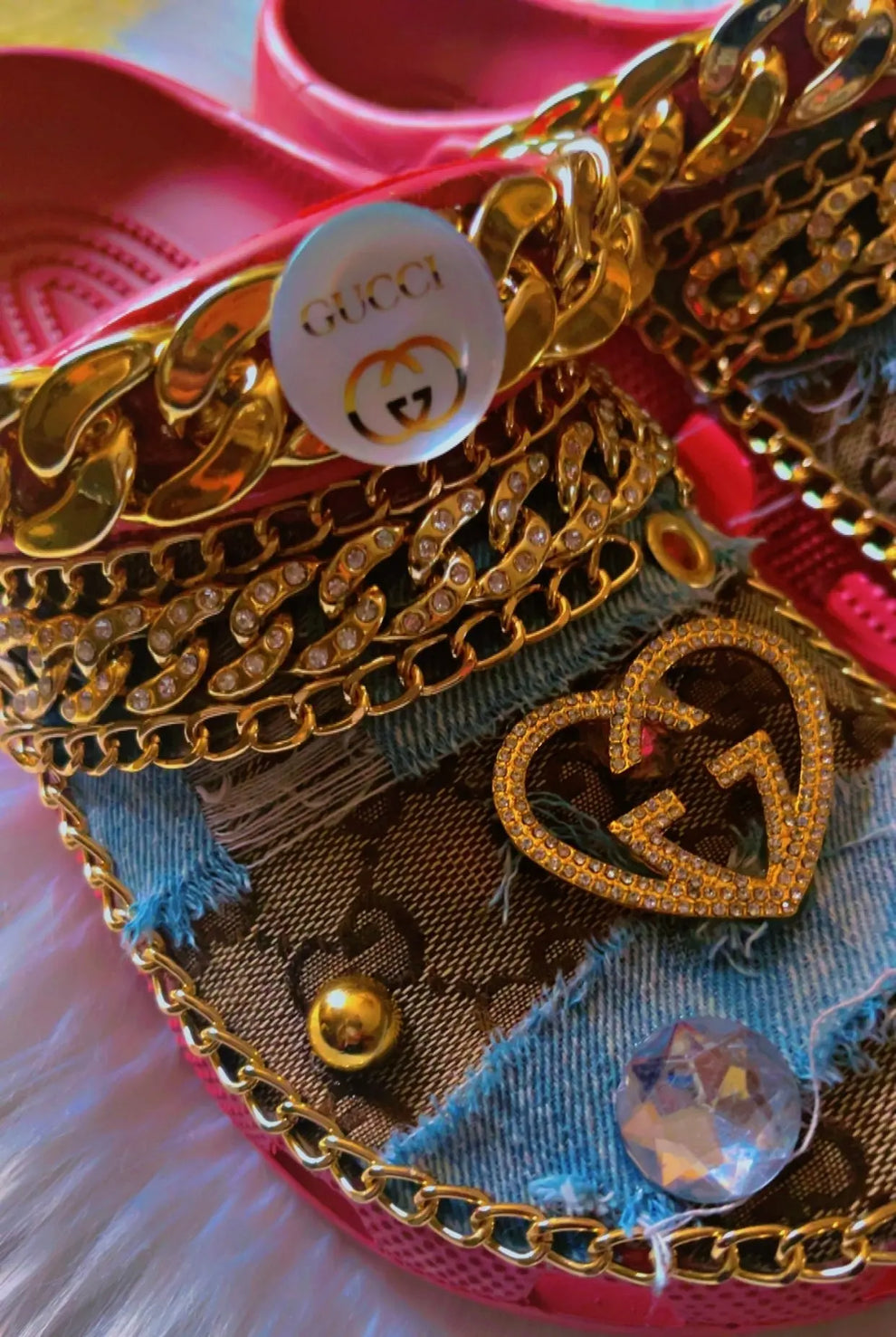 Strawberry Wine GG-Inspired Crocs w/ Denim, Charms & Rhinestones – B ...