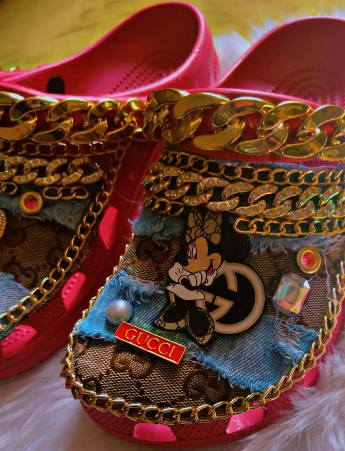 Strawberry Wine GG-Inspired Crocs w/ Denim, Charms & Rhinestones – B ...